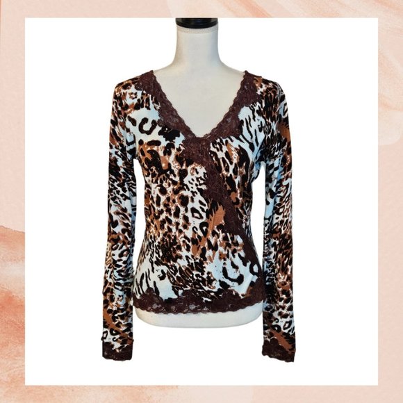 Tops | Blue Brown Leopard Print Lace Trim Knit Long Sleeve Shirt | Poshmark